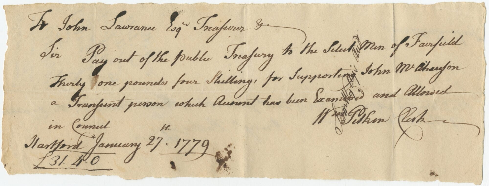 Revolutionary War Autograph Pay Order issued by William Pitkin, and ...